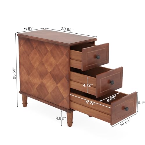 LITTLE TREE Fully Assembled End Table, Narrow Side Table with 3 Drawers, Pre-Assembled Nightstand Slim Bedside Table for Small Spaces, Living Room, Bedroom, Brown