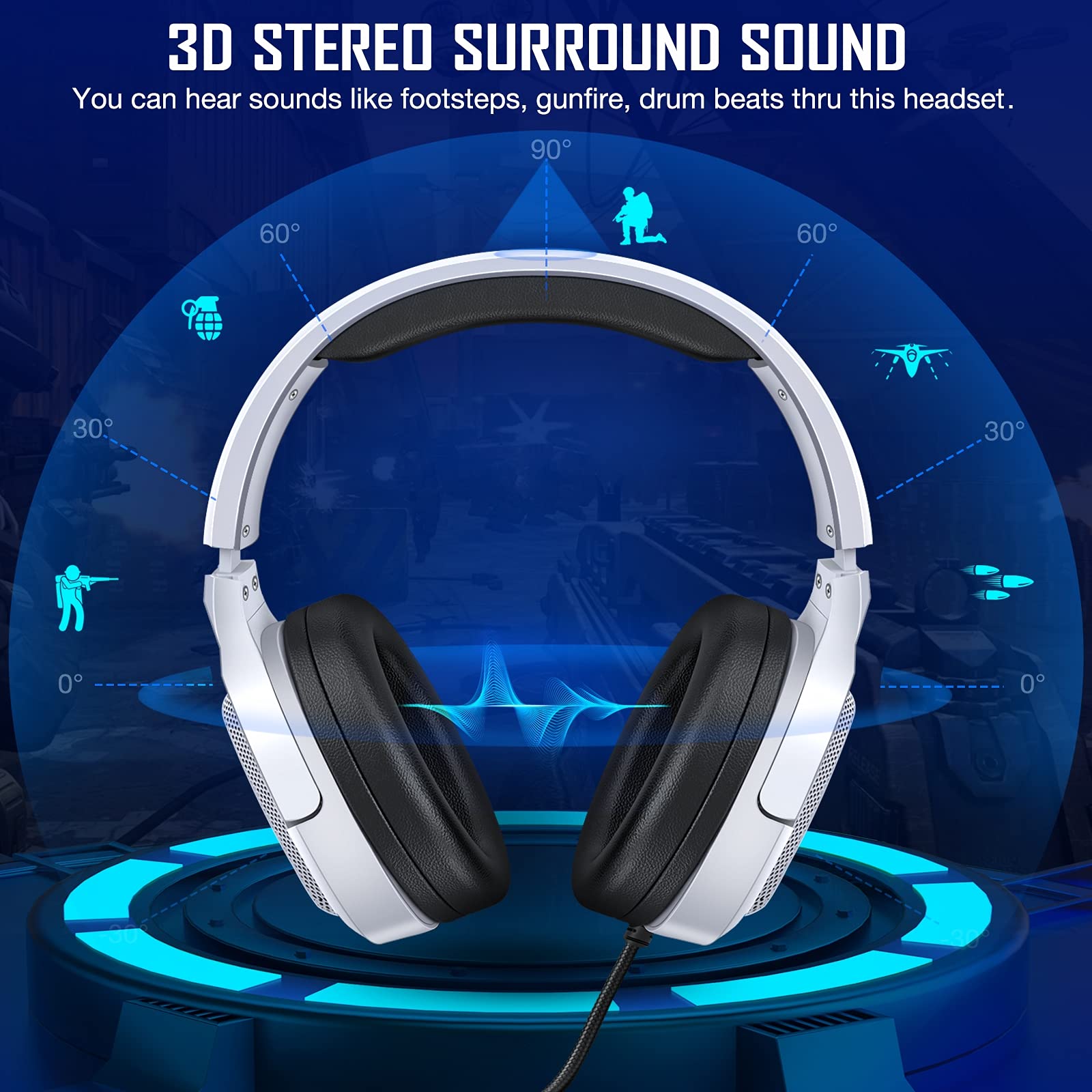 Gaming Headsets for PC Gamer with Removal Microphone, Noise Cancelling Mic, EUROA Over Ear Computer Headphones, Light Weight, Adjustable Headband, Soft Memory Foam White
