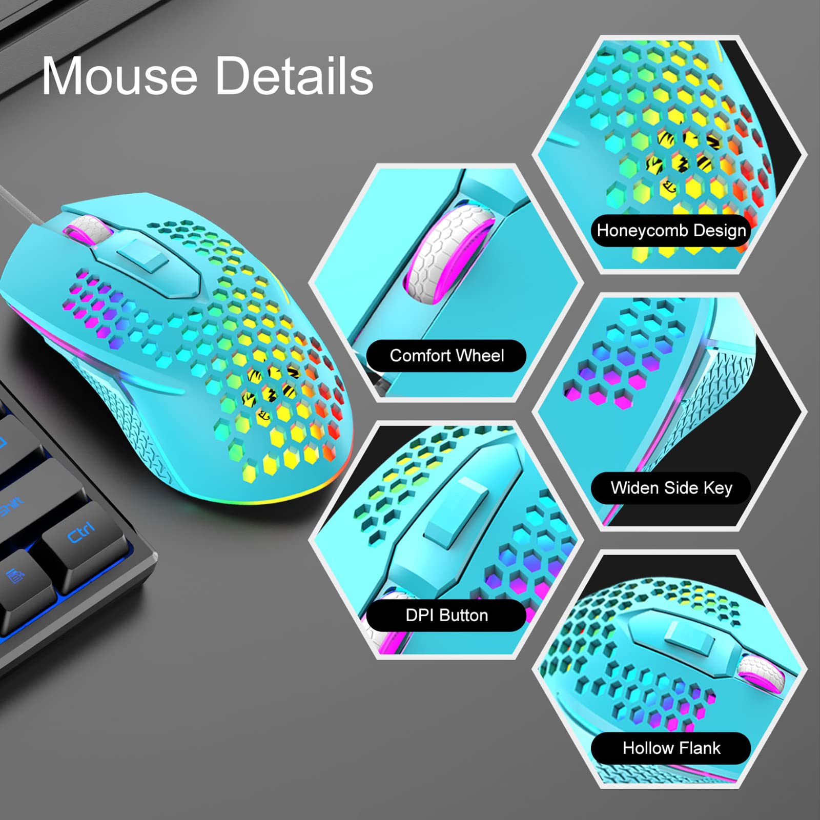 Gaming Keyboard and Mouse Combo Mini Portable with Chroma RGB Backlit Ergonomic 62Key Layout 19Key Anti-ghosting Mechanical Feel 3200DPI Honeycomb Mice USB Wired for PC Mac Gamer Laptop Typists(Blue)