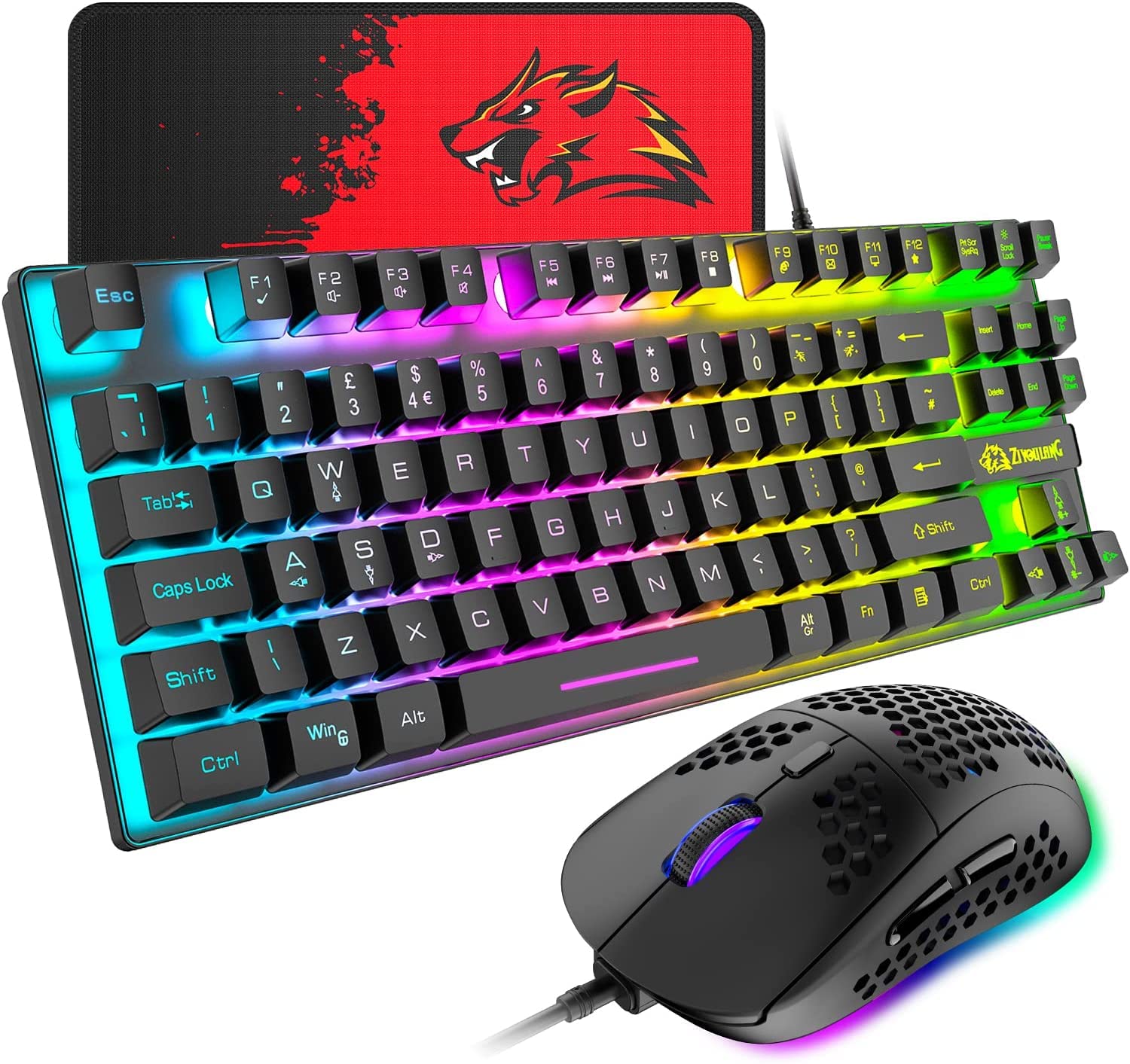Gaming Keyboard and Mouse Combo,88 Keys Compact Rainbow Backlit Mechanical Feel Keyboard,ps4 Converter Adapter,RGB Backlit 6400 DPI Lightweight Gaming Mouse with Honeycomb Shell for Windows PC Gamers