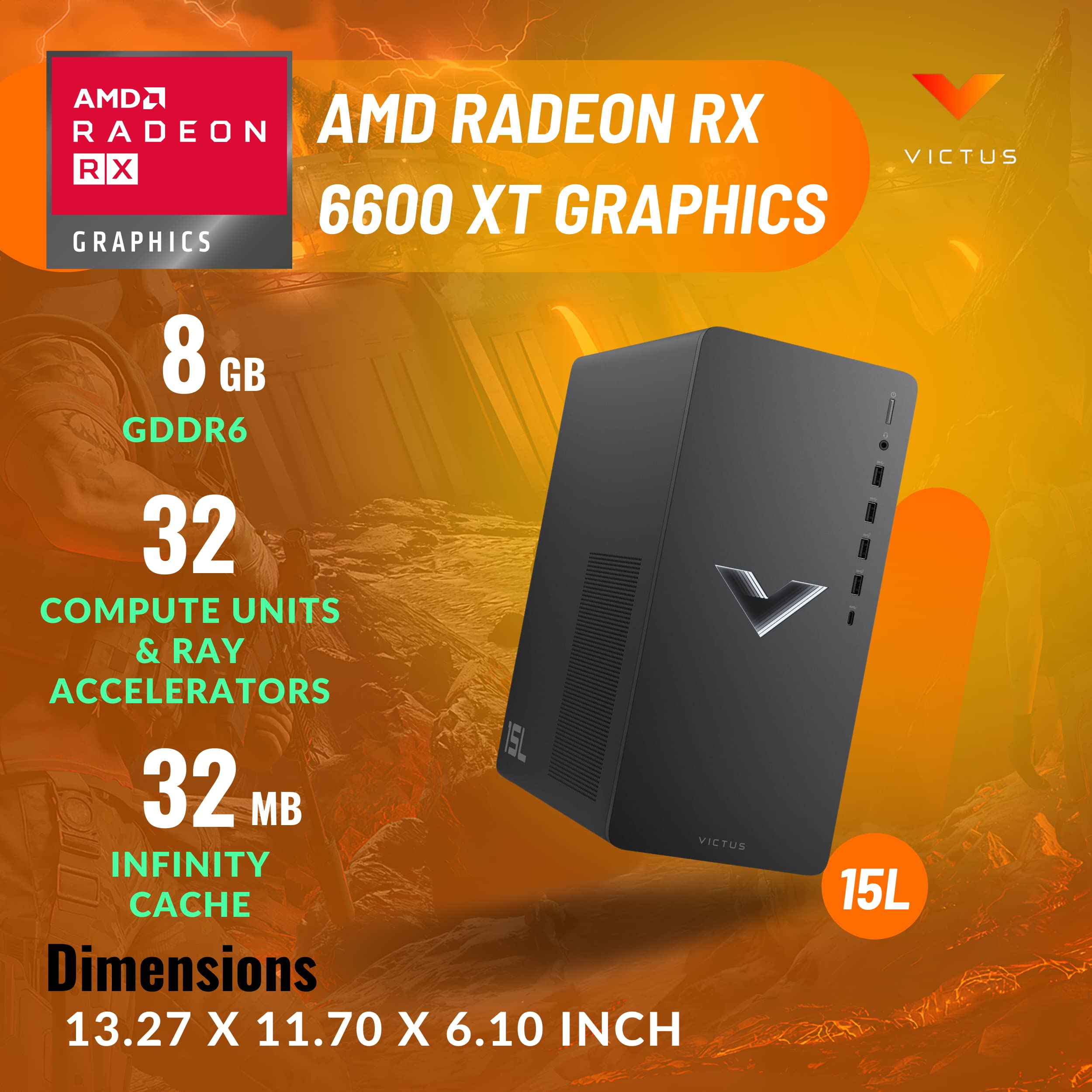 HP Victus 15L PC Gaming Desktop, AMD Ryzen 7 5700G Processor(8 cores,16 Threads), 32 GB RAM, 2 TB SSD, Radeon RX 6600XT Graphics(8 GB GDDR6), WiFi 6, Bluetooth, USB-C, DiplayPort, Windows 11 Home