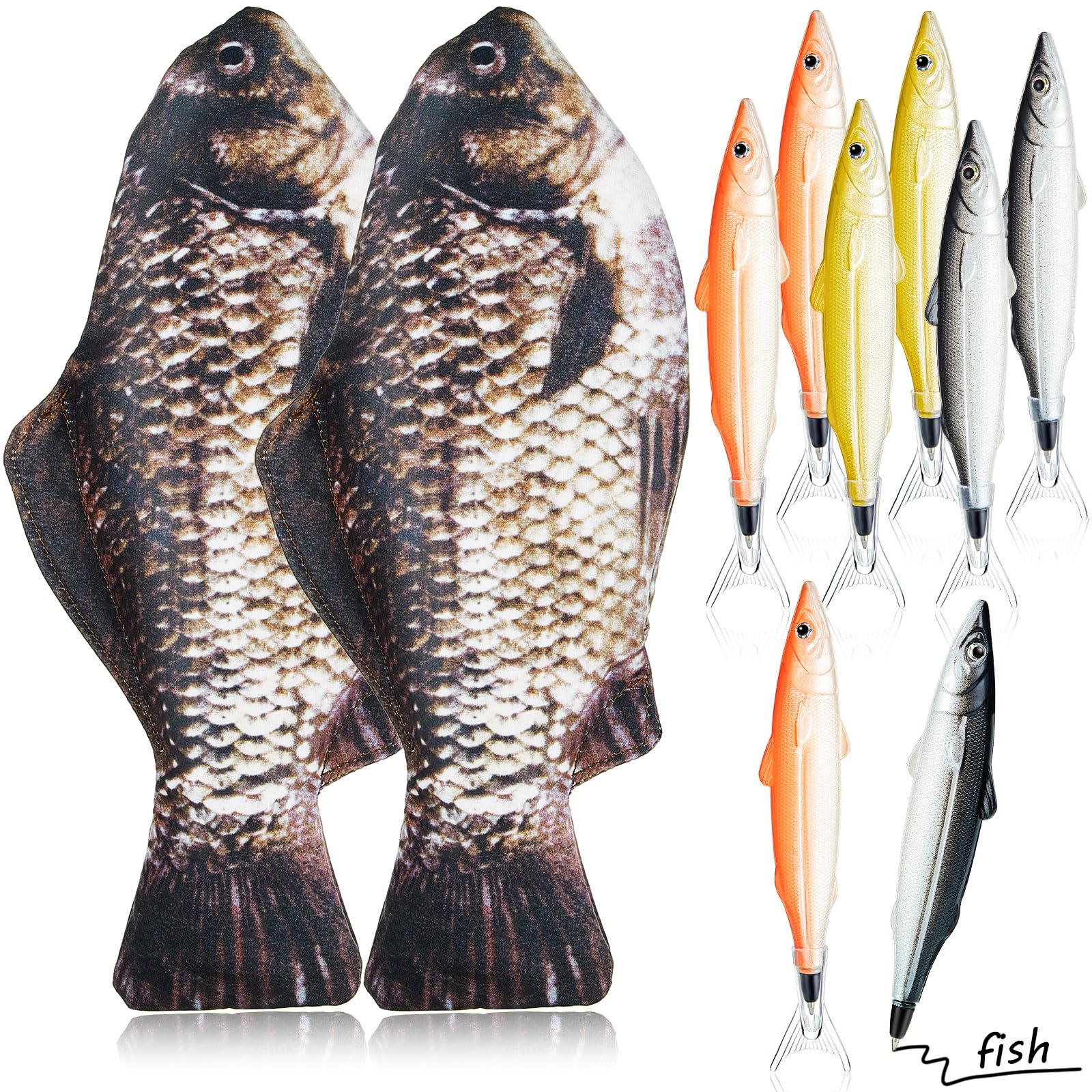 Outus 2 Pcs Fish Shaped Pencil Case Interesting Fish Pen Bag Funny Pencil Pouch Coin Purse with Padded Thick Foam Lining and 8 Pcs Cute Fish Pens for Office School Classroom Home(Black,Classical)
