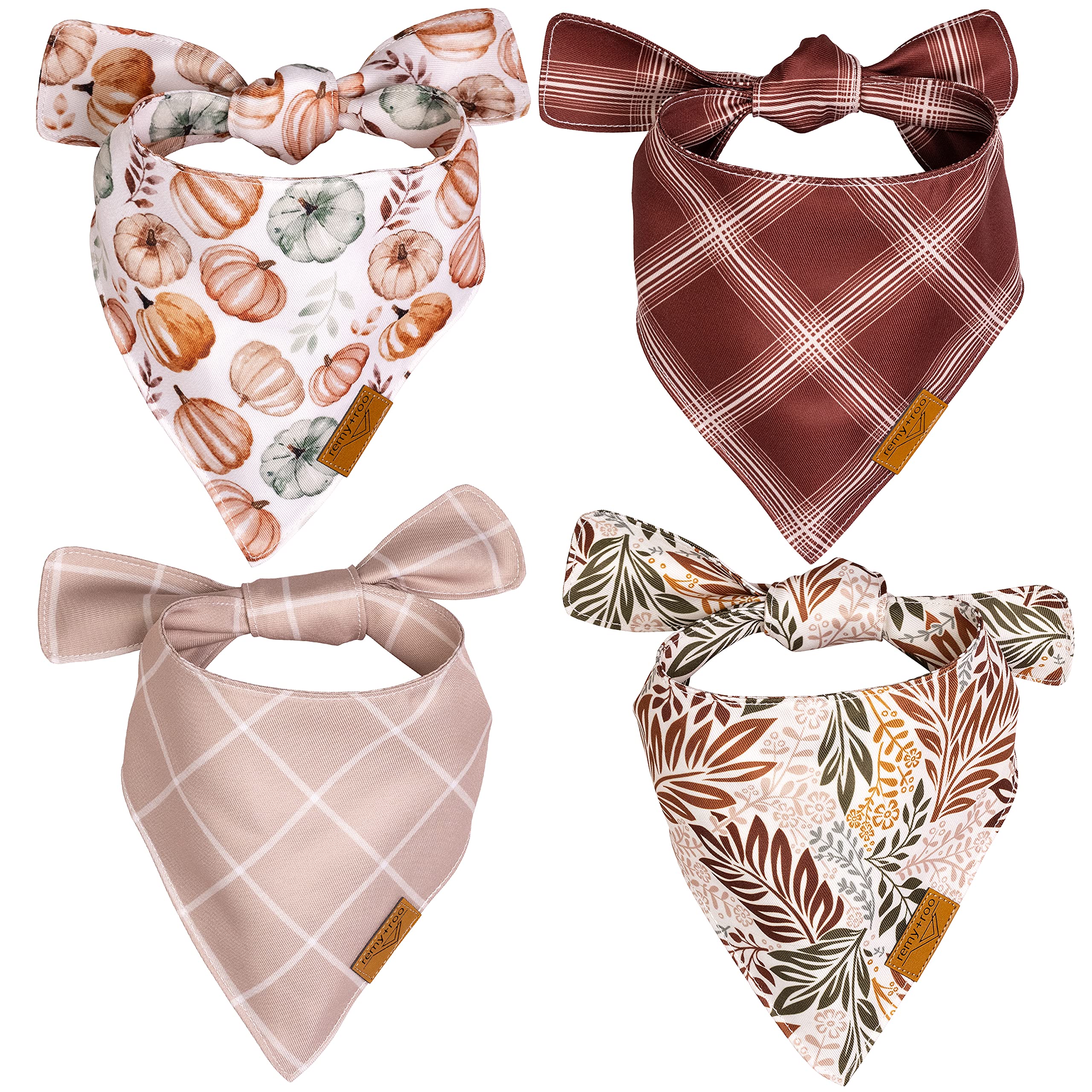 Remy+Roo Fall Dog Bandanas 4 Pack - Amber Set, Premium Durable Polyester Fabric, Patented Curved Design, Adjustable Fit for Small, Large, and XL Dogs, Trendy Patterns, Dog Fall Bandanas (Small)