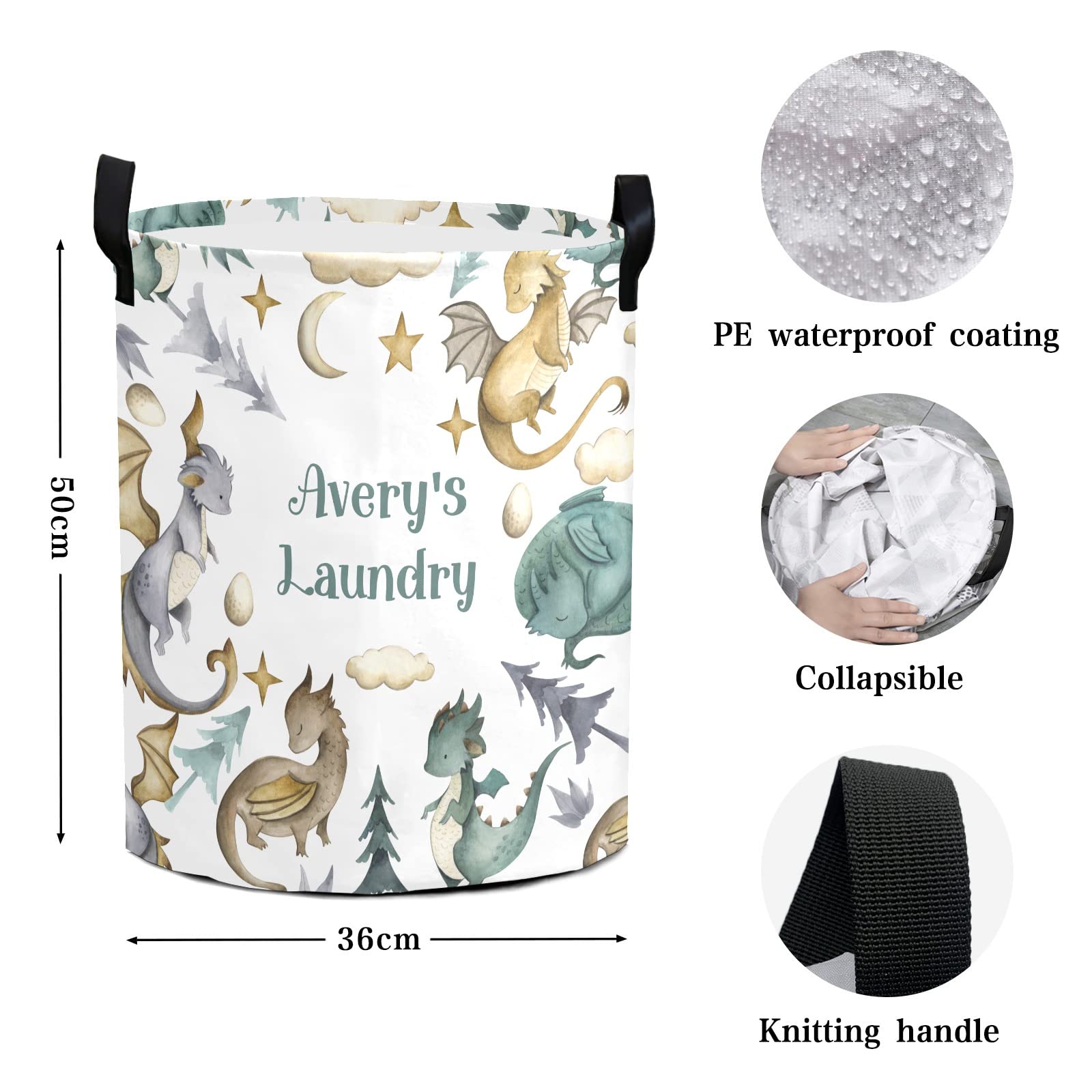 Personalized Laundry Basket for Boys Girls, Animals Dragon Watercolor Custom Laundry Basket Waterproof Coating with Handles,For Bathroom Bedroom Living Room