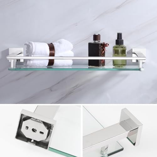 LANC Chrome Bathroom Shelf Glass Shelves 20-Inch Floating Tempered Glass Shelf Rectangular Stainless Steel Wall Mounted Silver Polished Shelves for Bathroom Kitchen Organizers Accessories,A7613CP