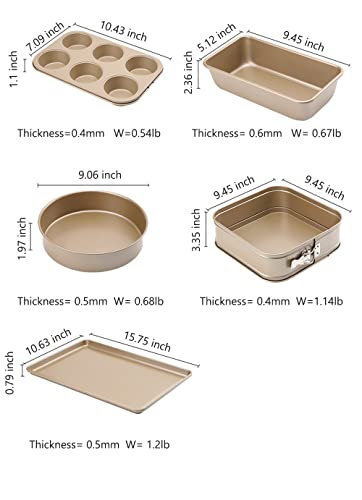 HYTK Nonstick Baking Pans Set for Starter,10x15Inch Cookie Sheet Tray 6 Cup Muffin Tin 9Inch Round and Square Springform Cake Pan 1Lb Loaf Bread Pan Carbon Steel Bakeware Gift 5pcs Non-Toxic BPA Free