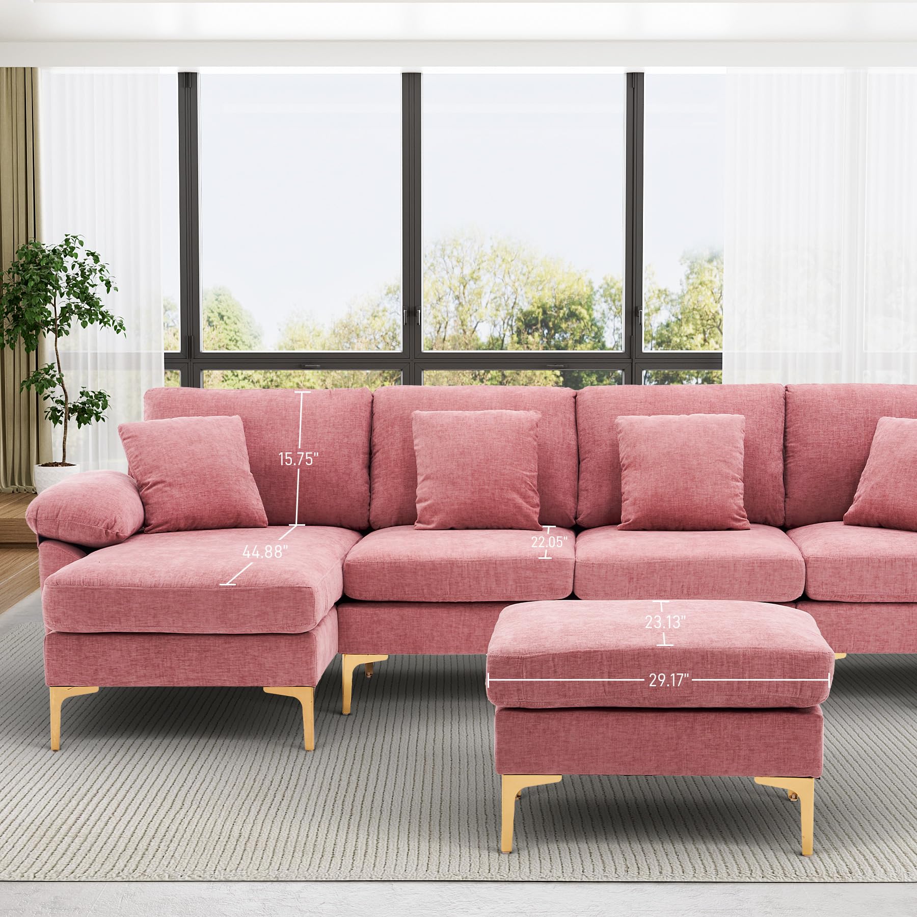 OUYESSIR U-Shaped Sectional Sofa for Living Room, 4 Seat Sofa Set Convertible L-Shaped Couch Set with Chaise Lounge, Ottoman and Pillows,114 inches, Light Pink Chenille