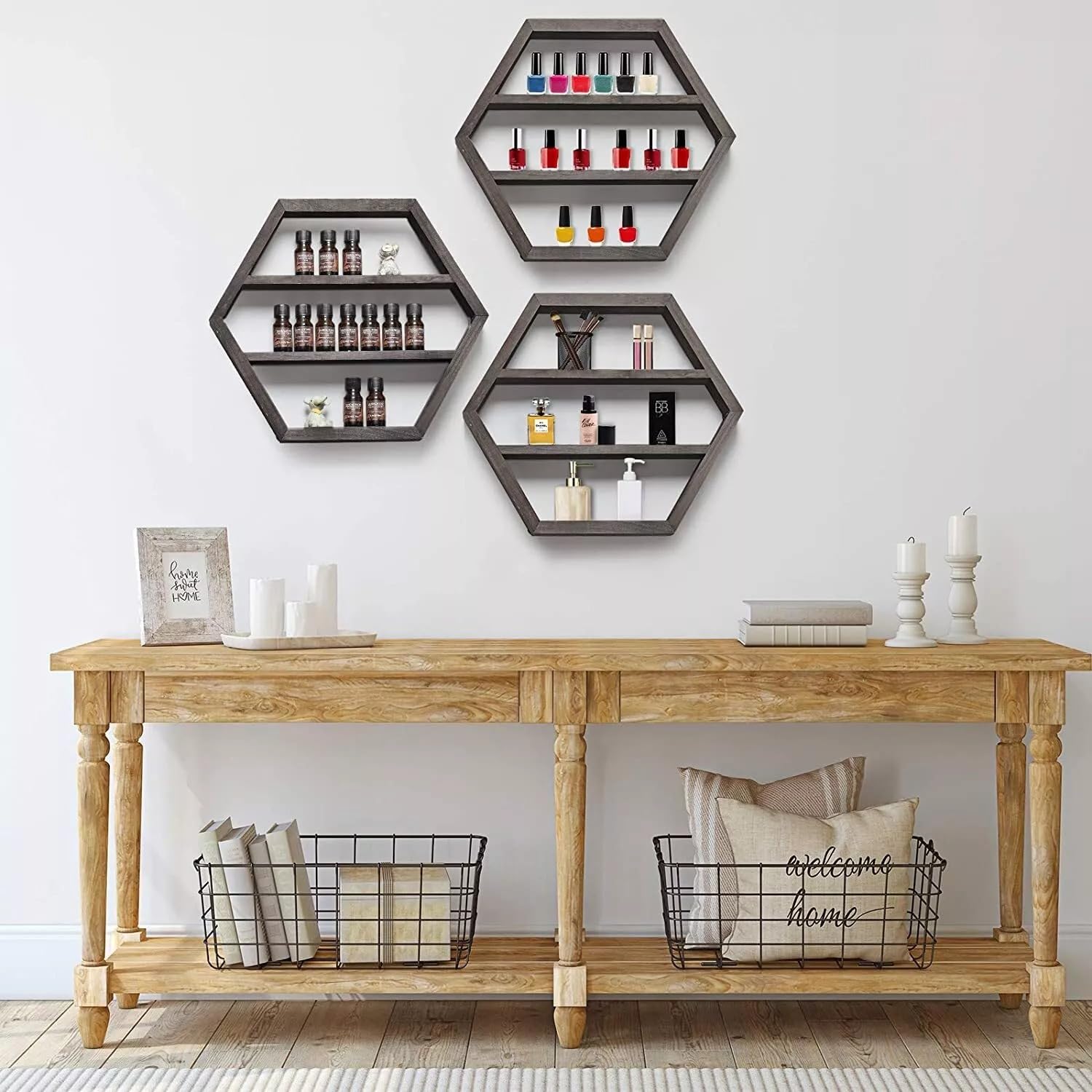 Generic VcJta Wall-Mounted Hexagon Essential Oil Storage Rack Bundle - Set of 3 Shelves for Aromatherapy Collection, Brown, E296017106303