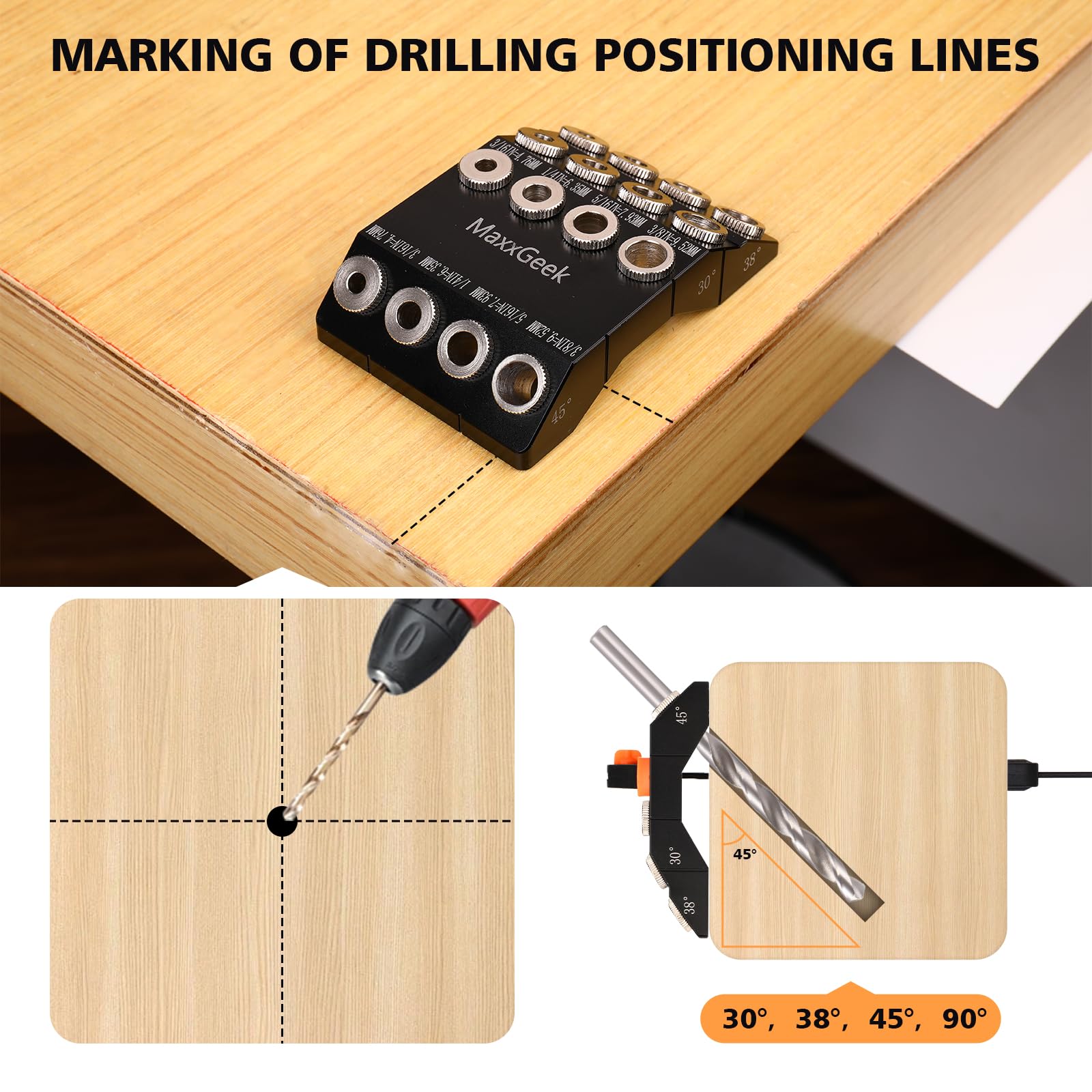 MaxxGeek Drill Guide for 30 38 45 90 Degree Angled and Straight Holes, Added 38 Degree Portable Drill Guide for Deck Stair Handrail and Horizontal Cable Wood Post (Without Drill Bit)