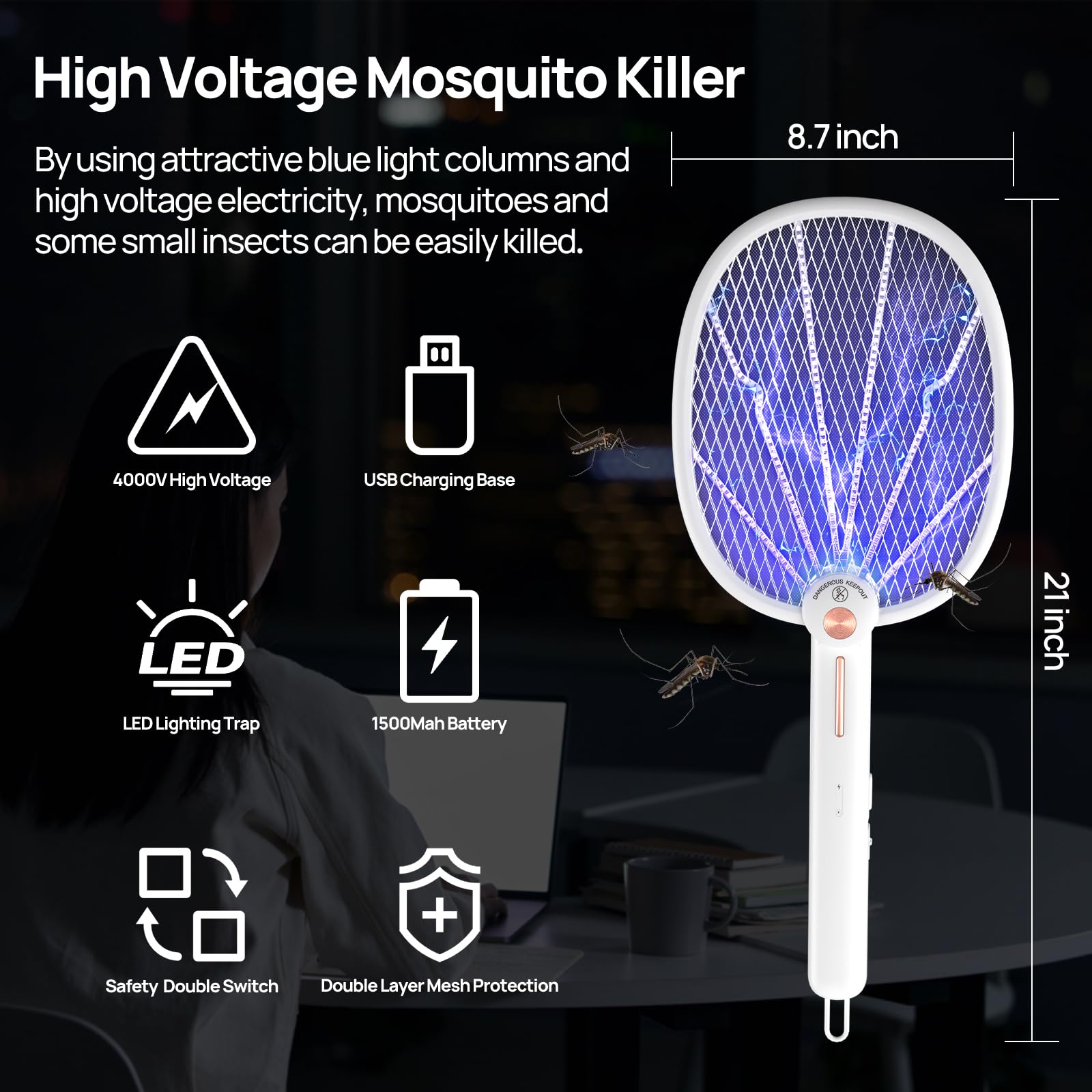 Meilen Electric Fly swatter Racket,2 in 1 Electric Bug Zapper Indoor with 1500mAh Battery,USB Rechargeable Mosquito Zapper with 5 Mosquito Lure lamp Beads,Fly swatter for Indoors( Brush Included)