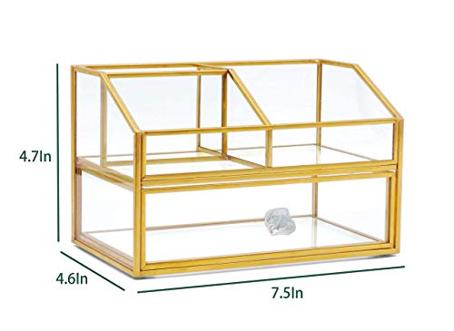 FSyueyun Makeup Organizer for Vanity, Clear Glass Drawer Organization and Storage Jewelry Display Case Gold Cosmetics Storage Lipstick Organizer Tray Perfumes for Bathroom Counter or Dresser