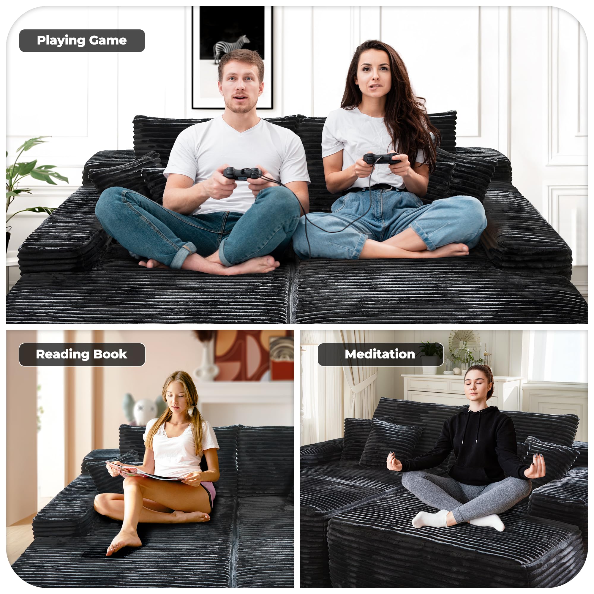 Oversized Chaise Lounge Sofa Indoor - 80" Cloud Sectional Couch Sofa Bed,Luxury Deep Seat Plush Corduroy Lounge Chair Sleeper Sofa for Living Room Bedroom (Black,2PCS)