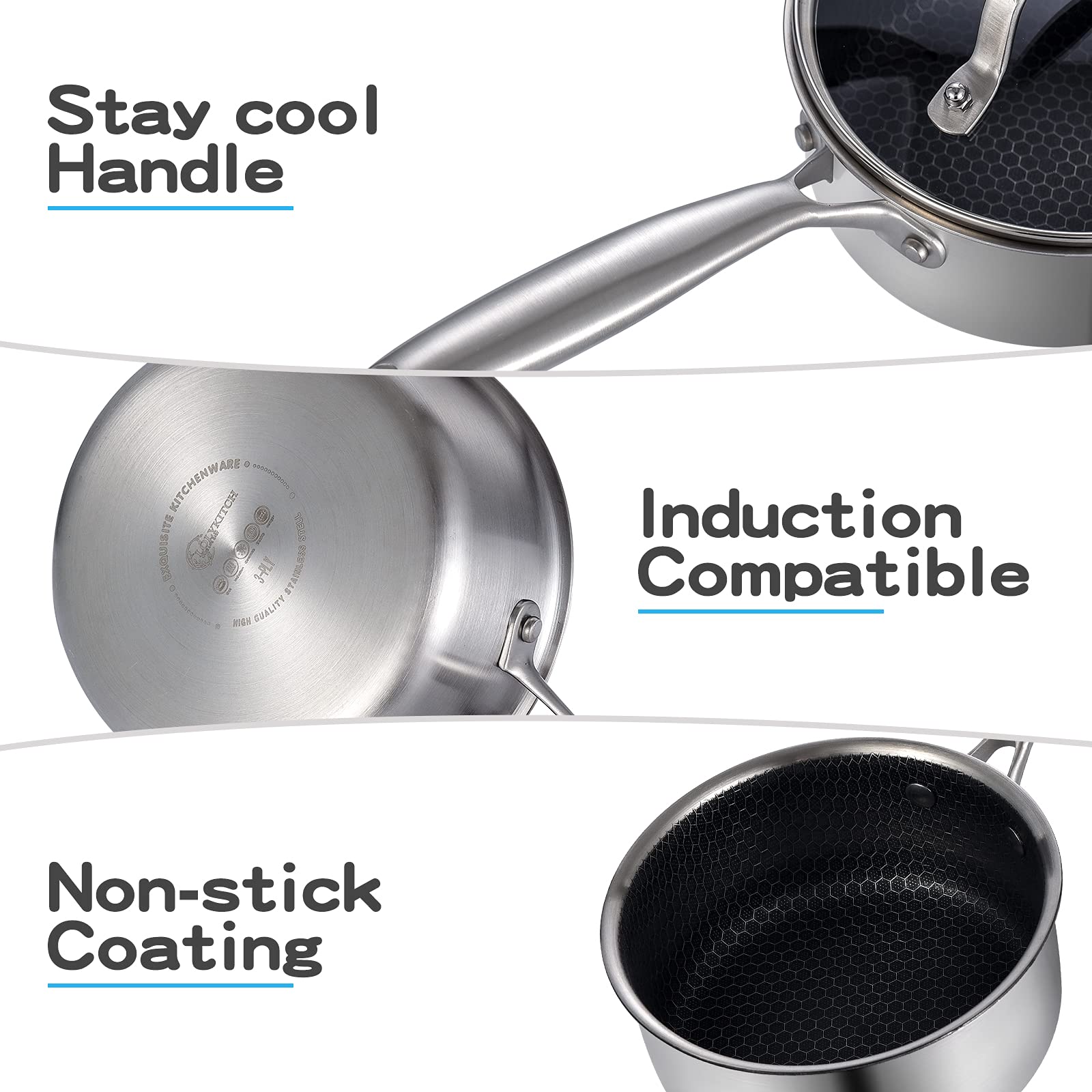 LOLYKITCH 1.5-2.5 QT Hybrid Tri-Ply Stainless Steel Saucepan Set with lids,Sauce Pots,Induction Pots and Pans Set,Anti-Scratch,Dishwasher and Oven Safe.