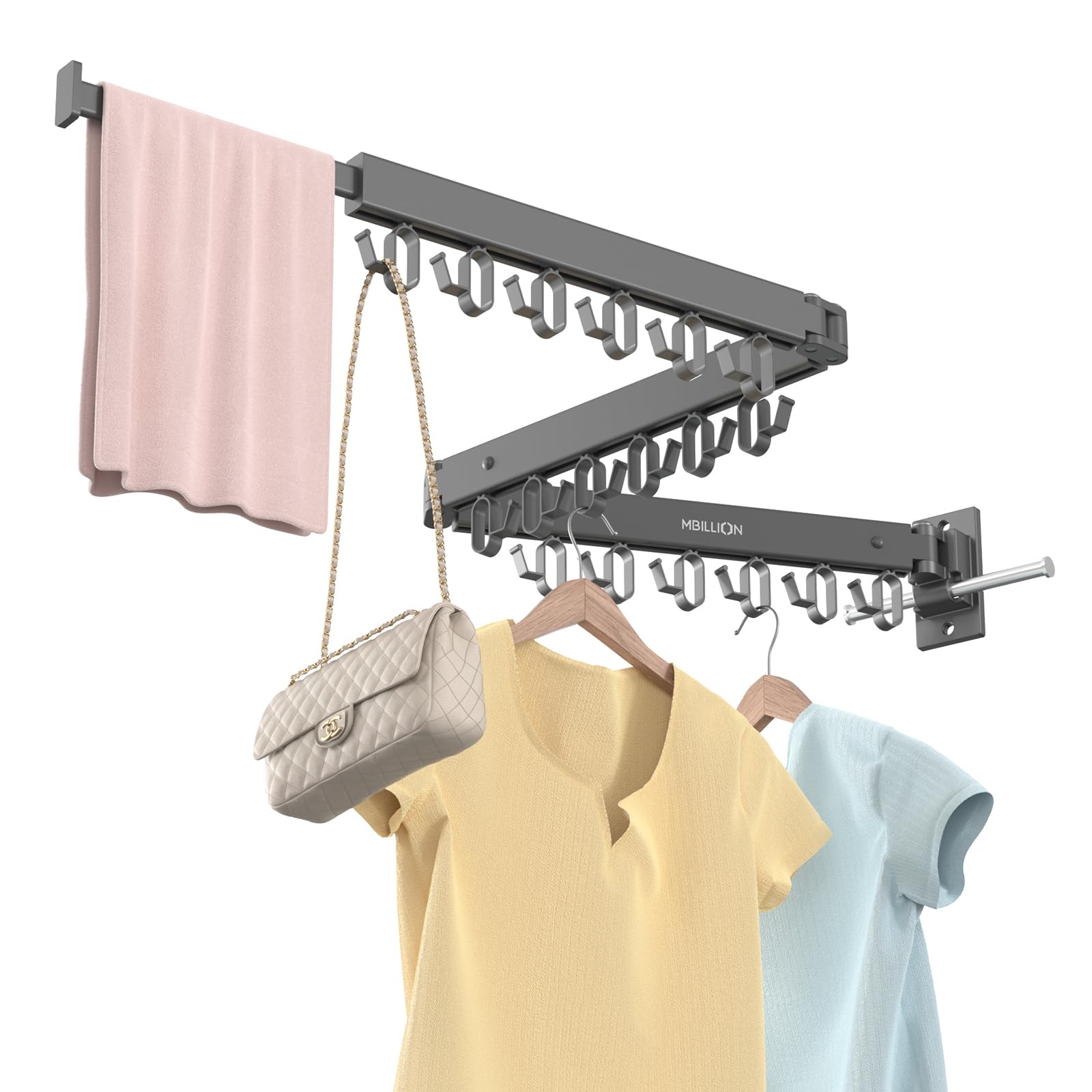 Mbillion Tri Folding Clothes Drying Rack with Extended Arm 48'' Long,Laundry Drying Rack,Wall Mounted Drying Racks for Laundry with Hooks, for Balcony,Laundry,Bathroom (3 fold with Hooks Dark Gray)