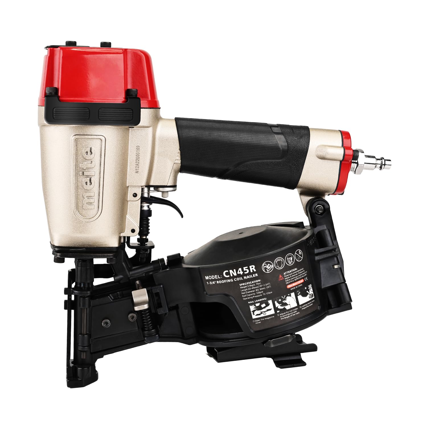 meite Roofing Nailer, Pneumatic Coil Roofing Nail Gun, Compatible with 15 Degree 7/8" to 1-3/4" Coil Roofing Nails, Lightweight Roofing Tools with Adjustable Nail Depth, Safety Switch (CN45R)