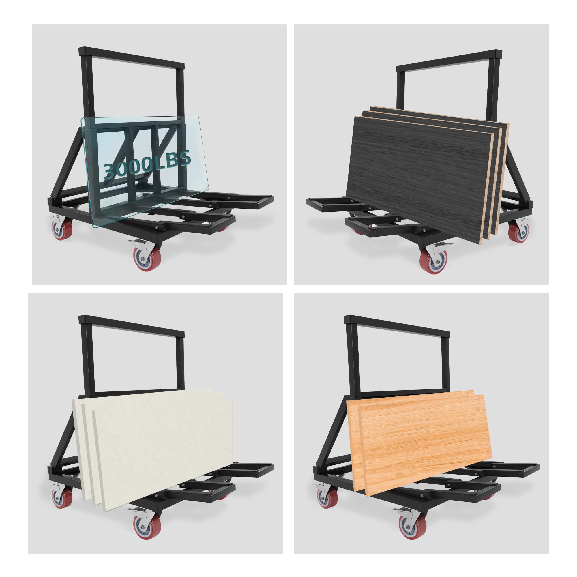 Lomive Heavy Duty Drywall Cart 3000 lbs Capacity Folding Panel Dolly Handling Wall Panel, Sheetrock, Lumber, Glass, 4 Swivel Wheels and Expandable Rubber Pad Bracket - Black 2MM Thickness Plate