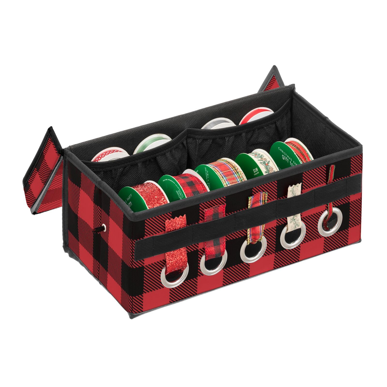 mDesign Gift-Wrapping Ribbon Storage Box with Handles - Holiday Bow Organizer Container with Lid - Christmas Giftwrap Ribbon Holder - Gift Storage Tote Bin and Bow Station - Buffalo Plaid Red/Black