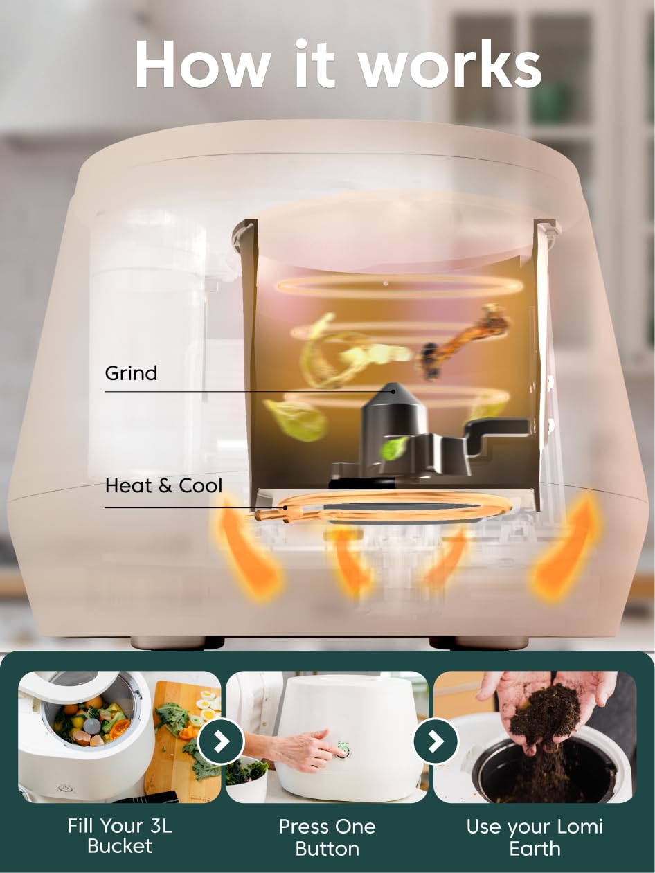 Lomi 2 – 3L, Electric Composter (45 Cycles), World’s First Smart Waste Kitchen Bin That Turns Waste into Natural Fertilizer with a Single Button, Indoor Compost Bin (Black)