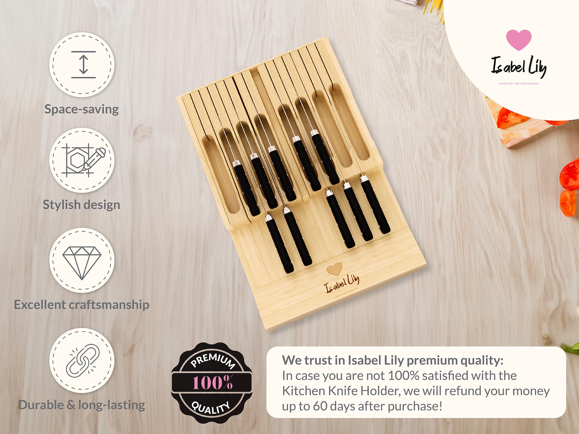 Isabel Lily - Bamboo Kitchen Knife Holder for Drawer | Organize 8 Short and 8 Long Knives and 1 Sharpener | Anti-Slip Surface | Includes Microfiber Cloth
