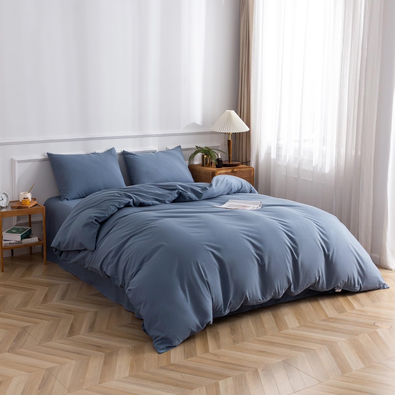 TazmKezm Blue Duvet Cover Set 100% Washed Cotton Duvet Cover Full Size,3 Pieces Luxury Soft Bedding Set with Zipper Closure.Solid Color Pattern Duvet Cover(80x90 Inch)
