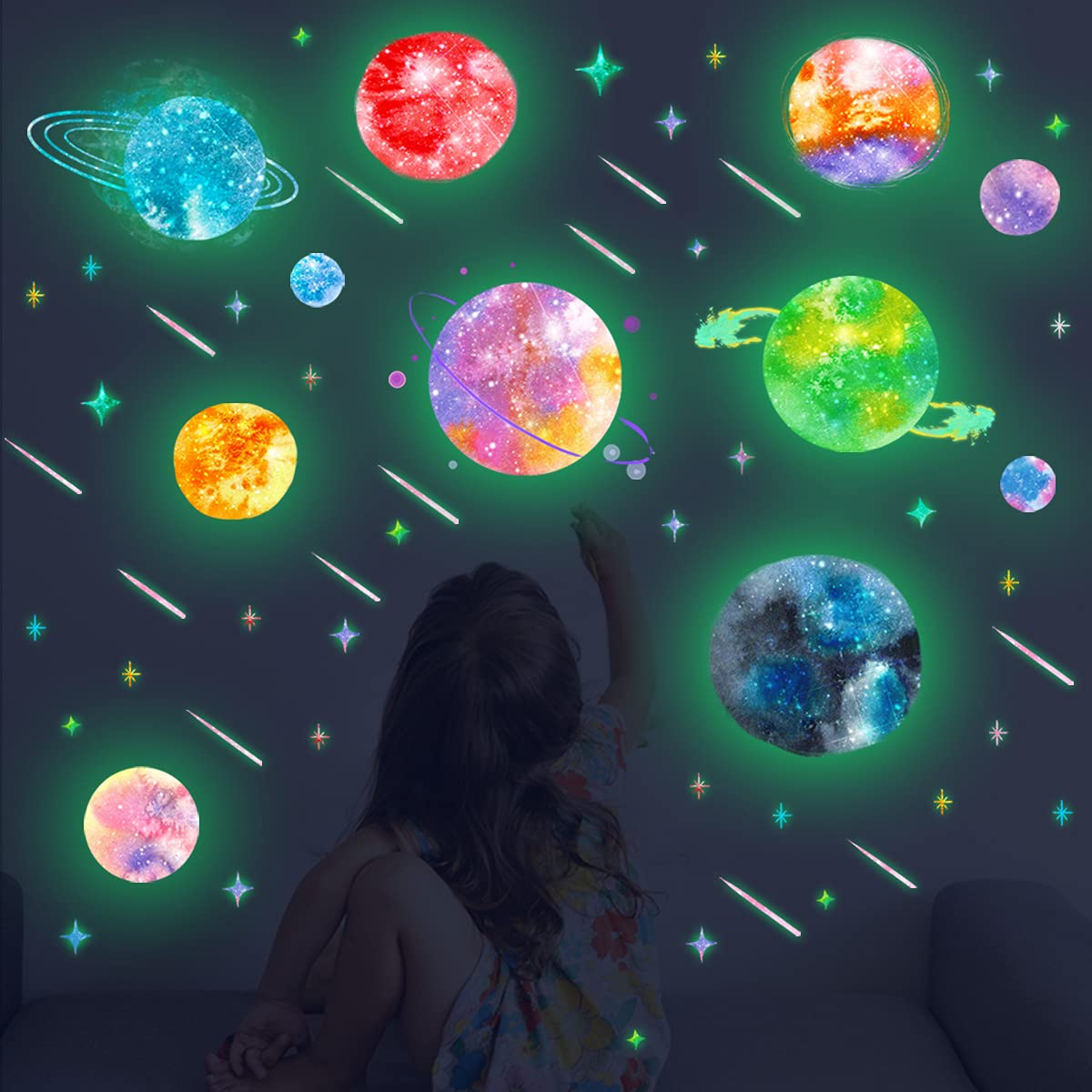 Glow in The Dark Planets Stars for Ceiling Wall Decals Glow Solar System Galaxy Space Nursery Wall Stickers Kids Girls Boys Room Decorations for Bedroom