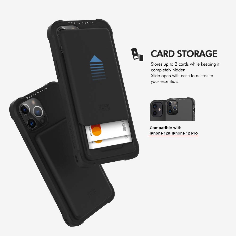 Design Skin Slider Designed for iPhone 12/12 Pro Case (2020), Card Storage Holder Heavy Duty Bumper Protection Cover Slim Wallet Cover Compatible with iPhone 12/12 Pro Case Black