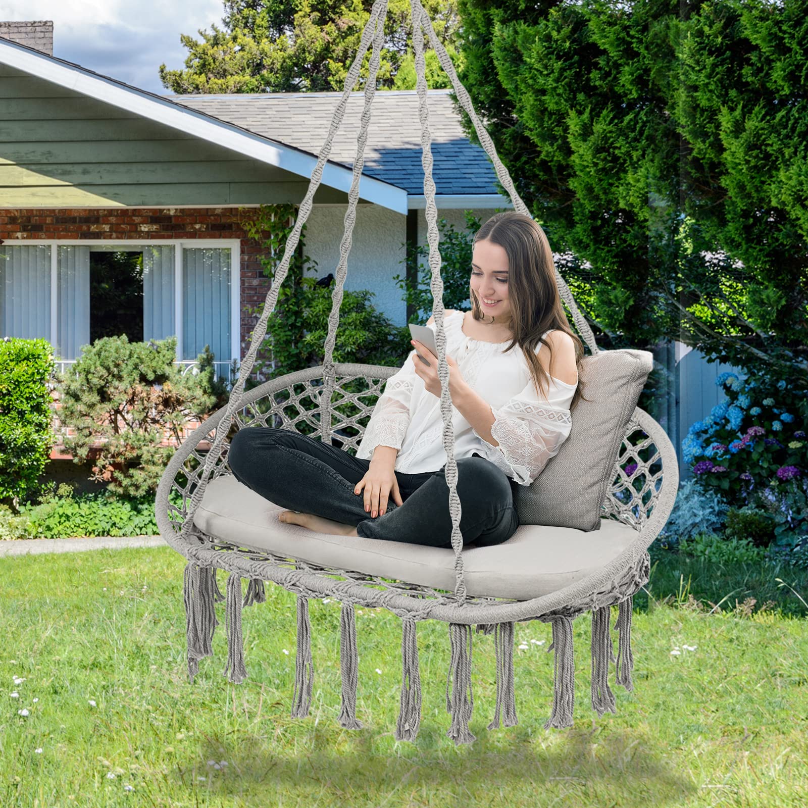 Giantex 2-Seat Hammock Chair, Macrame Swing with Cushion, Hanging Cotton Ropes, Metal Frame, Hanging Chair with330 lbs Capacity for Hammock Stand, Living Room, Patio, Balcony, Backyard (Gray)