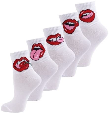ESOMOON 5 pairs Socks with Lips Mid Calf White Cotton Socks High Ankle Lightweight Breathable Red Kiss Socks Size 6-9