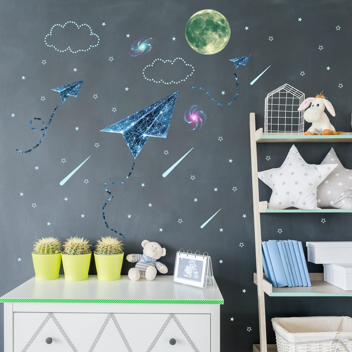 Glow in The Dark Starry Sky Wall Decals for Ceiling Luminous Paper Plane Galaxy Wall Stickers for Baby Kids Nursery Bedroom Ceiling Decor