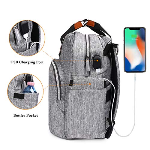 Diaper Bag Backpack, Multifunction Diaper Bags for Baby Boy, Convenient Backpacks for Girl,Water Resistant Nappy Organizer with Changing Mat,Stroller Straps,USB Charging Port,Insulated Pockets,Grey