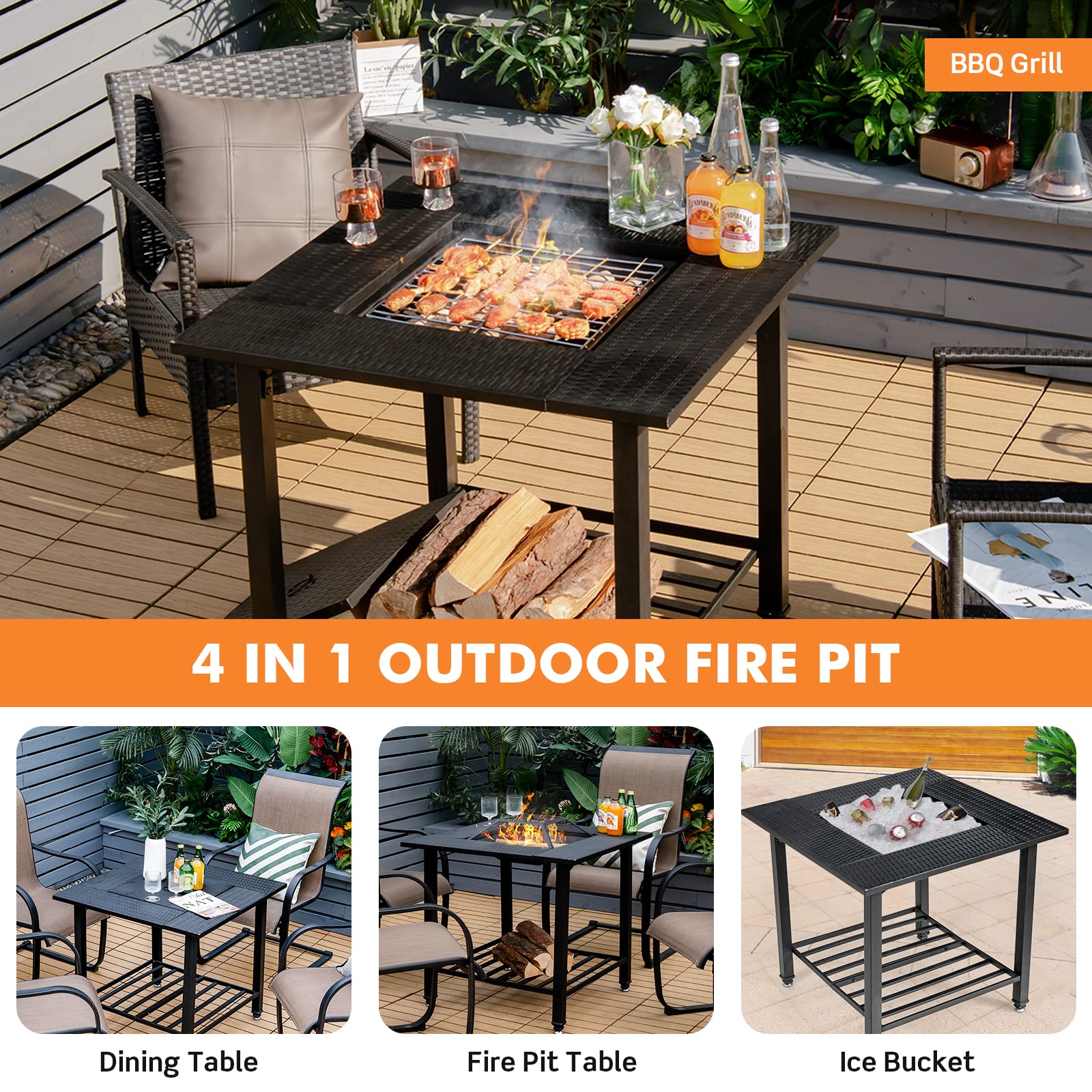 Giantex 4-in-1 Wood Burning Fire Pit, Square Firepit Table with Mesh Cover, Removable Lid, Cooking Grate, Log Grate and Fire Poker, Outdoor Fire Table for Garden Poolside Balcony