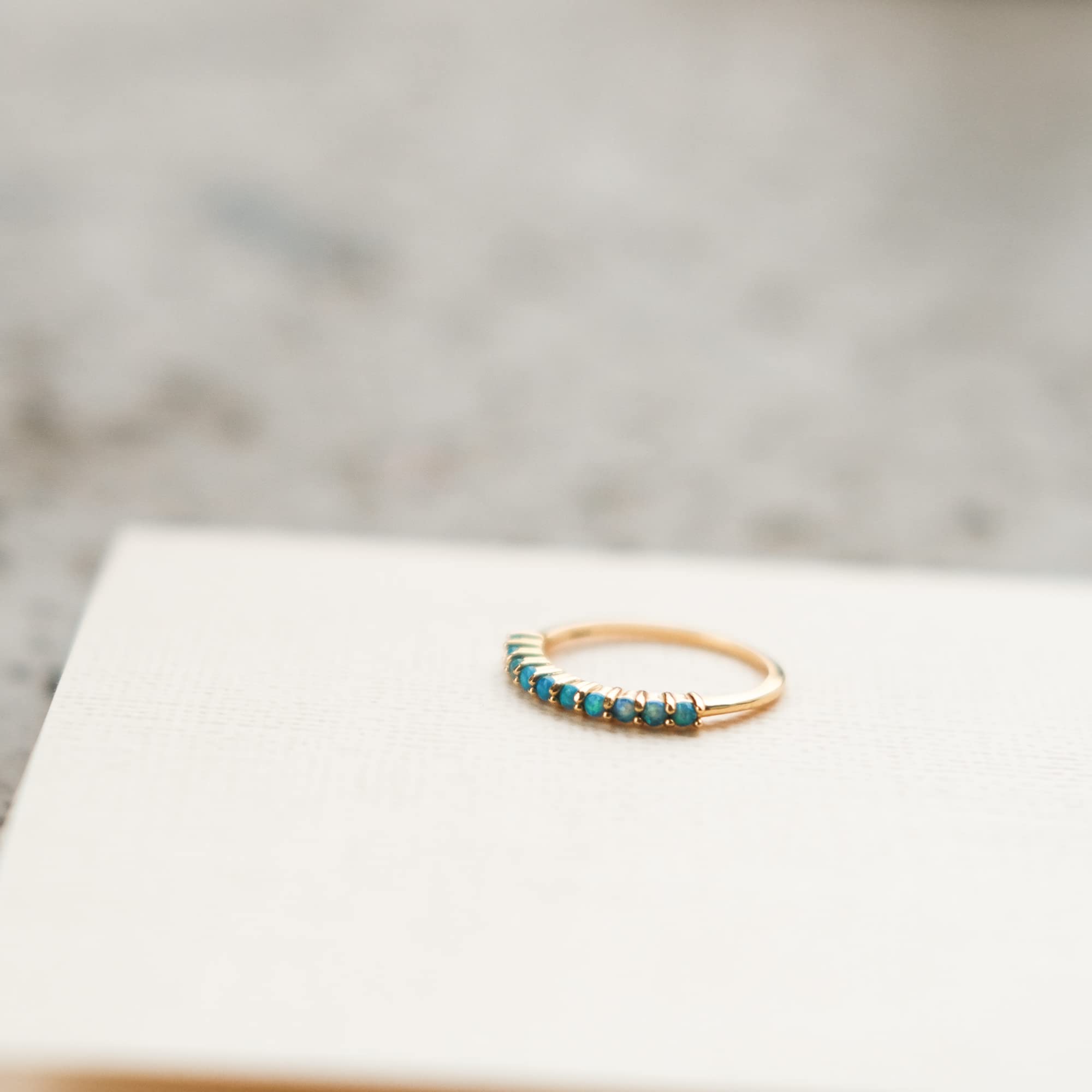 espere Turquoise Blue Opal Ring | Dainty Half Eternity Band with Simulated Opal Gemstones | Minimalist Jewelry Gift for Her [Size 8]