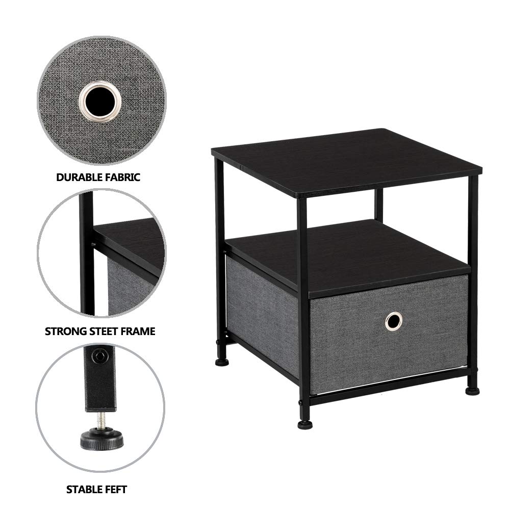 DESIGNSCAPE3D Nightstand with Drawer, Bedside Furniture & Accent End Table for Home, Bedroom, Office, College Dorm, Steel Frame, Wood Top, Easy Pull Fabric Bins, Grey