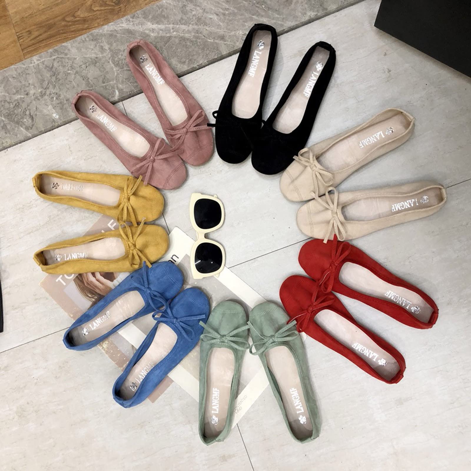 FASDNENDYS Women's Suede Bow Shallow Mouth Soft Sole Round Toe Casual Shoes Leather Sandals Women Size 9
