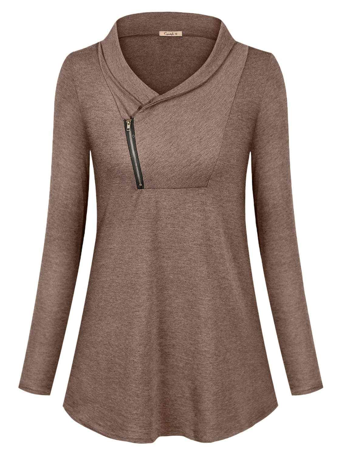 Cyanstyle Womens Casual Long Sleeve Cowl Neck Zip Lightweight Pullover Tunic Sweatshirt Tops Brown Small
