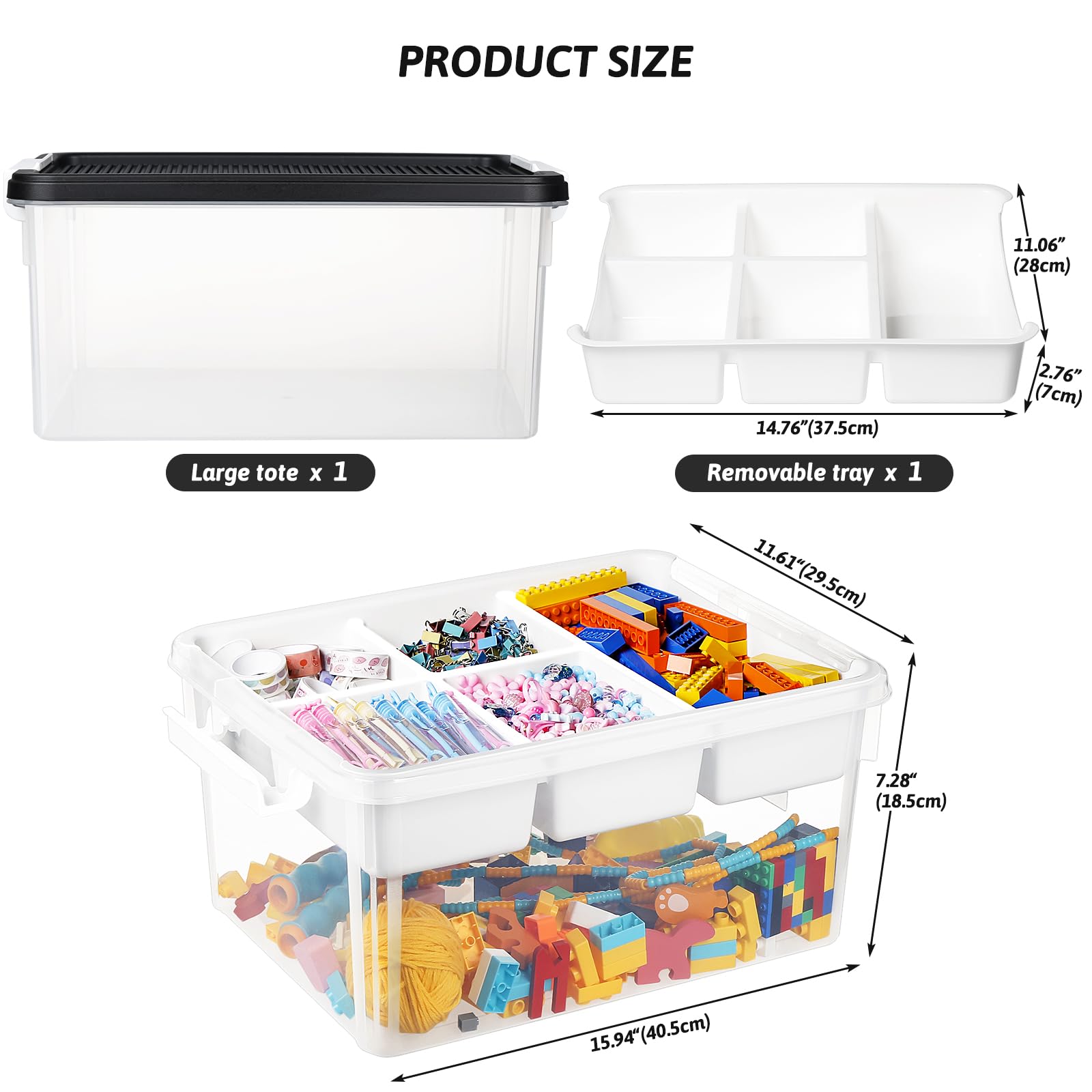 Loobuu 3 Pack Art Craft Storage Organizer Box with Building Baseplate Lid and Removable Tray-17QT Clear Plastic Stackable Container Bin for Organizing Toy/Sewing/Bead/Tool/Playdoh(15.94"x11.61"x7.28")