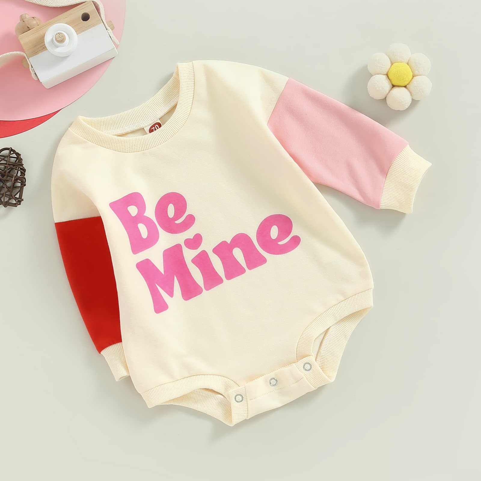 Lamuusaa Newborn Baby Girl Valentines Day Outfit Letter Print Long Sleeve Romper Oversized Bodysuit Sweatshirt 0-24M (Beige, 0-6 Months)