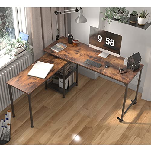 Need Mobile Computer Desk with Storage Shelves L-Shaped Rotating Corner Desk Home Office Desk Study Writing Desk with Wheels 55 Inches, Retro