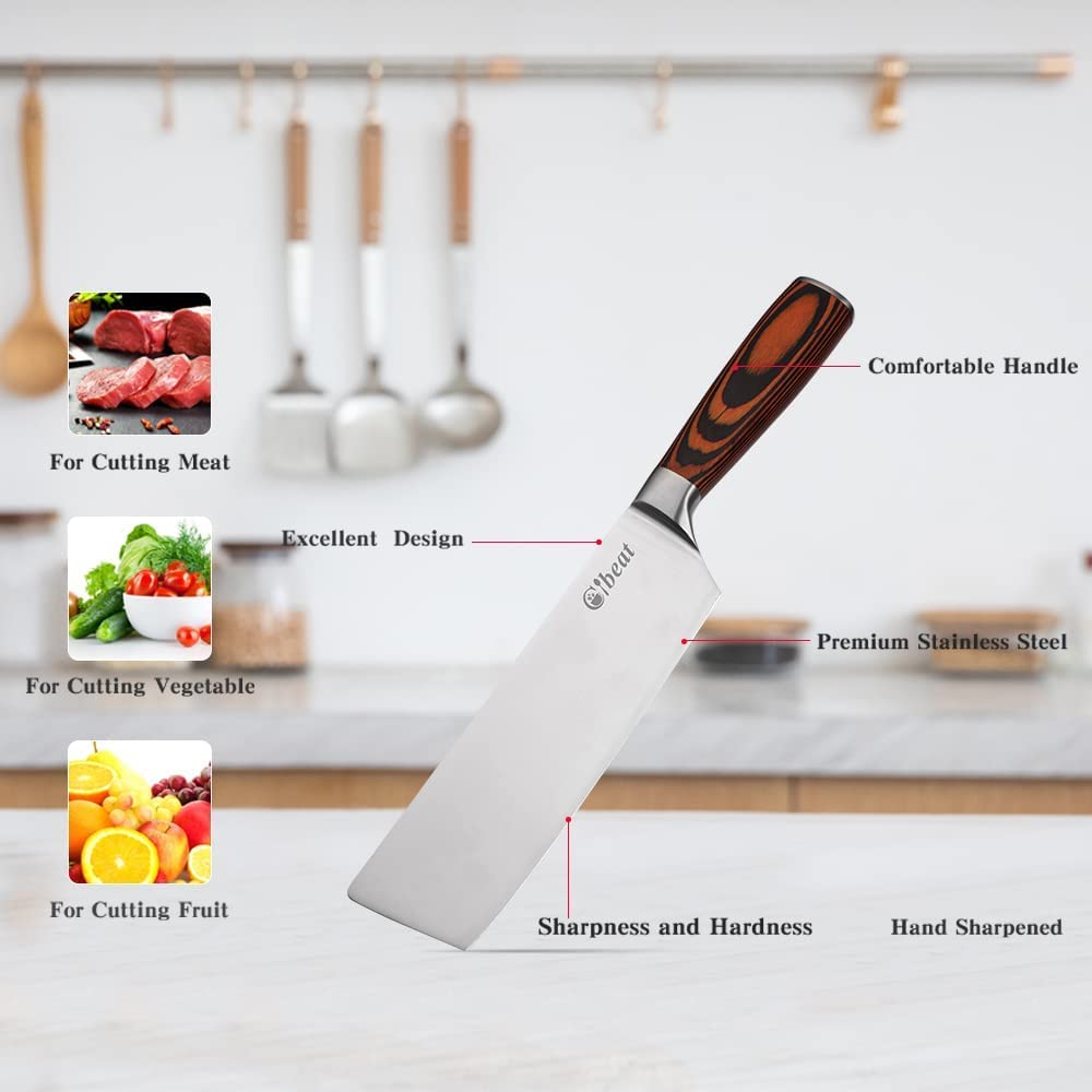GlowSol Japanese Chef Knife, 7 Inch Meat Vegetable Cleaver Knife, Stainless Steel Butcher, Professional Kitchen Knife with Ergonomic Handle for Kitchen Restaurant