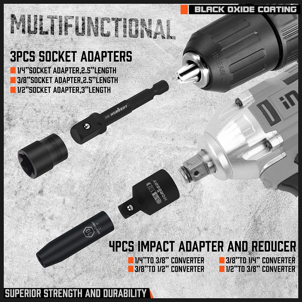 HORUSDY 7-Piece Power Drill Impact Sockets Adapter Set, Hex Shank Socket to Drill Adapter 1/4" 3/8" 1/2" Impact Driver Adapter