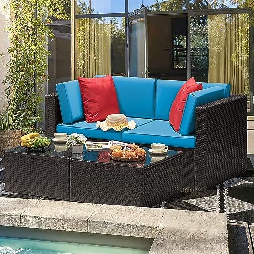 Devoko 4 Piece Patio Furniture Set PE Wicker Sectional Sofa Set Rattan Outdoor Conversation Set with Padded Cushions for Balcony, Backyard, Garden(4 Piece, Blue)