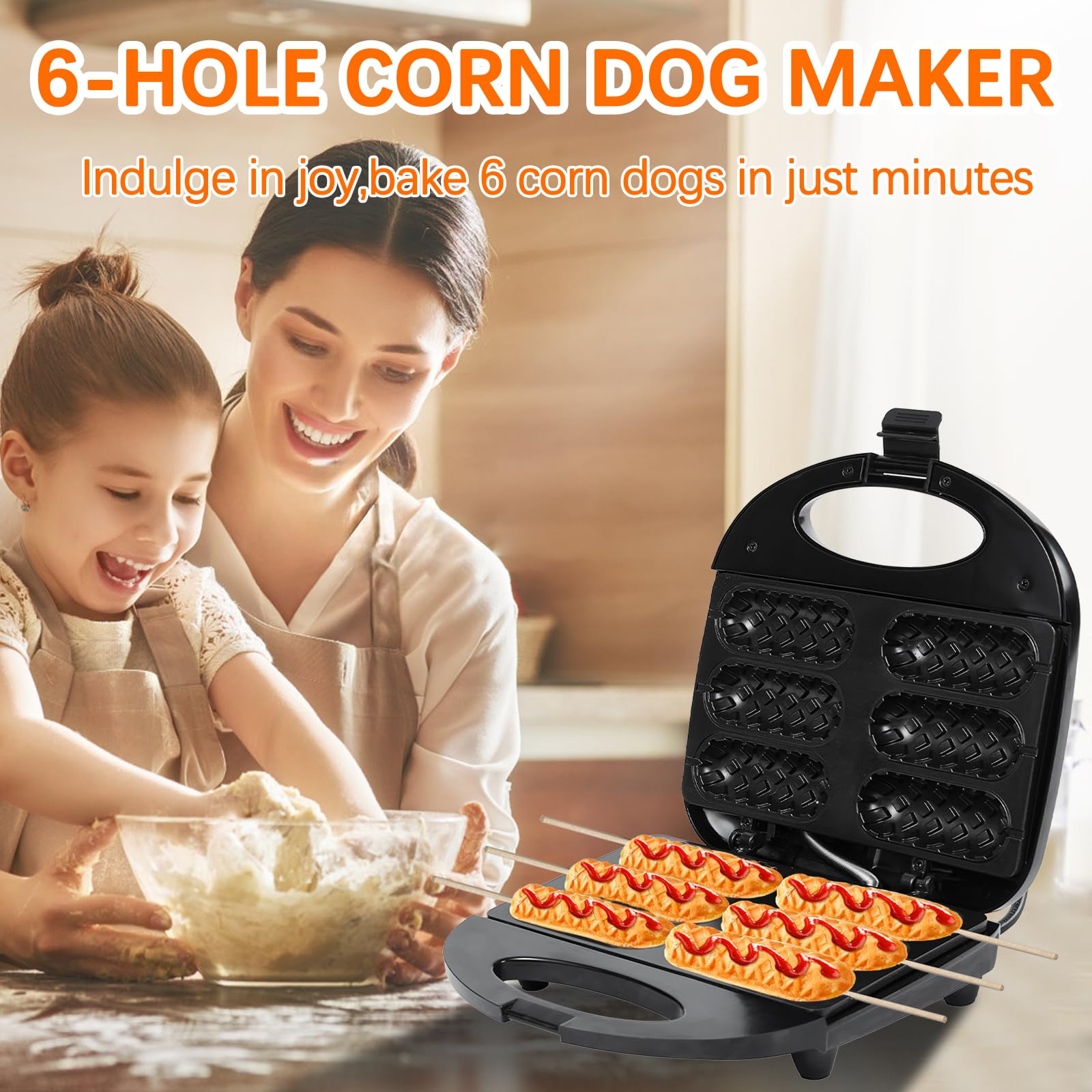 Ht Viik Corn Dog Maker,Hot Dog Waffle Machine,Bake 6 Corn Dogs,Double-sided heating, Non-stick Surface,For Commercial or Family Use,Maker Breakfast, Snacks,Easy to Clean