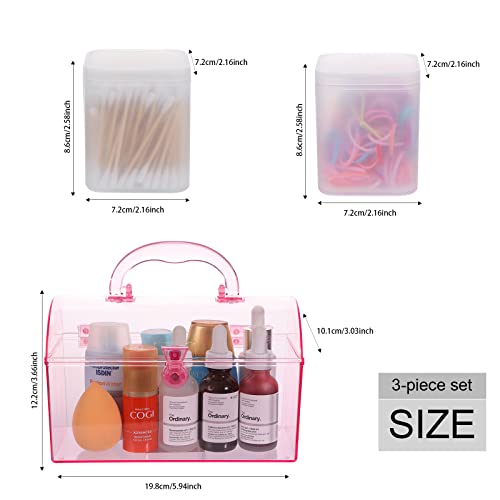 Plastic Square Storage Bin-Cabinet,Gift Box Portable Vanity Organizer with Secure Lid and Handle, Clear Container Box for Toiletries (1 Red Box + 2 Smaill Boxs)