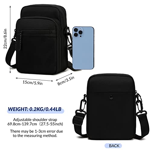 Lohol Small Messenger Bag for Men Women, Water Resistant Adjustable Multi-pocket Purse for Travel Sports (Black)