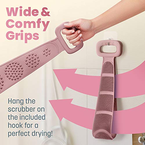 Silicone Back Scrubber for Shower- 32 and 36 Inches Back Body Brush Extra Long for Exfoliating & Massaging Hygienic Back Washer with Handle, Shower Silicone Back Scrubber for Men and Women, Pink.