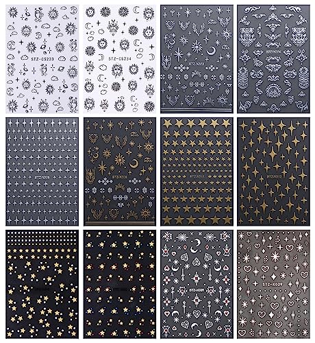 JMEOWIO 12 Sheets Moon Star Sun Nail Art Stickers Decals Self-Adhesive Pegatinas Uñas Black Nail Supplies Nail Art Design Decoration Accessories