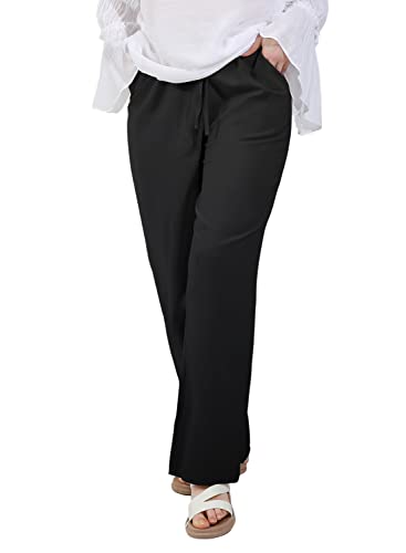 utcoco Women's Cotton Linen Drawstring High Waisted Pants Casual Loose Fit Wide Leg Trousers (L, Black)