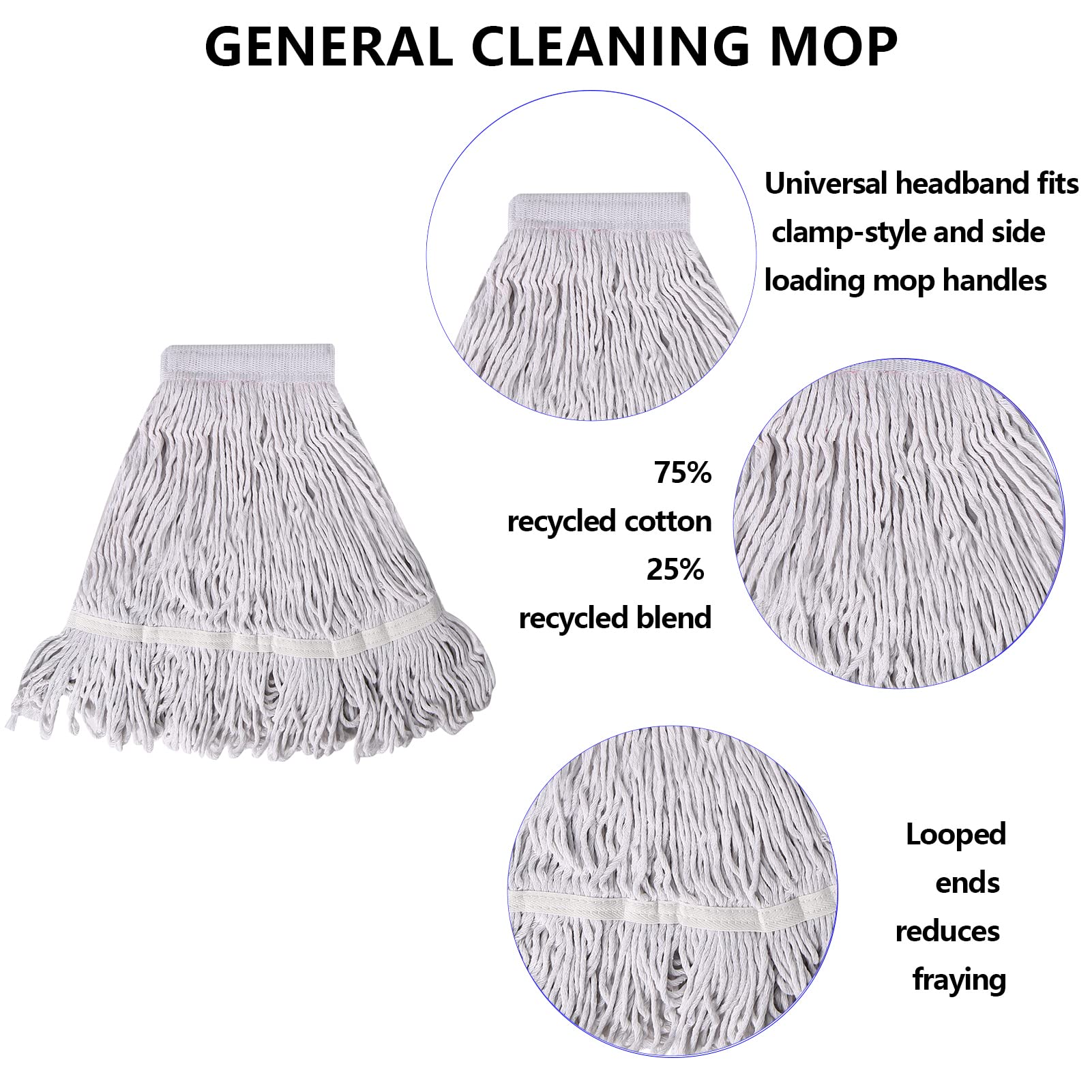 Esuphands 3-Pack Universal Corded Cotton Mop Head, Heavy Duty Commercial Mop Head Replacement, Reusable Machine Washable Mop, Industrial Grade Heavy Duty Floor Mop for Floor Cleaning(White)