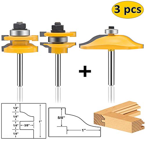OLETBE 3 PCS Router Bit Set, 1/4-Inch Shank Round Over Raised Panel Cabinet Door Ogee Rail and Stile Router Bits, Woodworking Wood Cutter, Wood Carbide Groove Tongue Milling Tool(Silver)