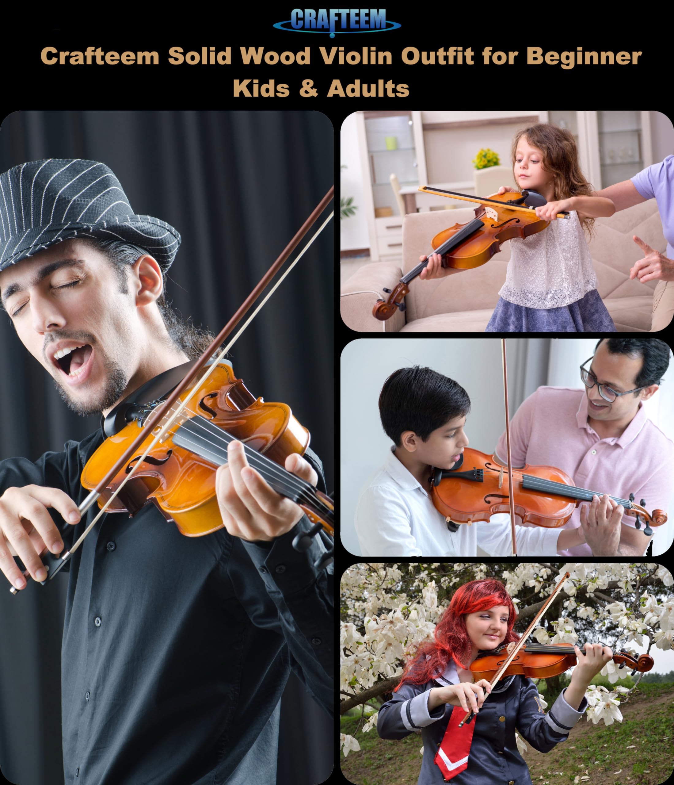 Crafteem Spruce and Maple Solid Wood Violin Outfit for Beginner Kids & Adults -Craft Your Perfect Sound and Begin Your Musical Journey with Confidence.